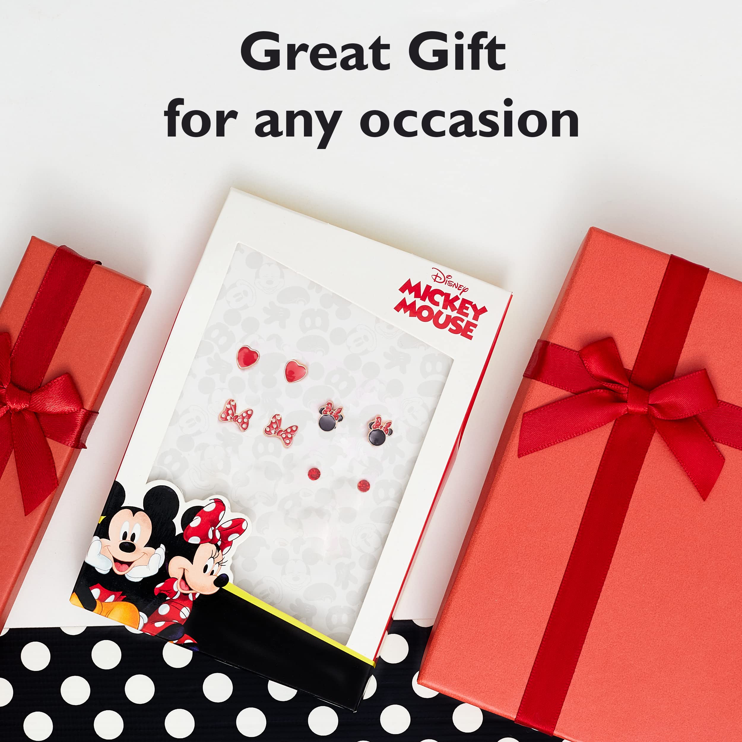 Disney Minnie Mouse Girls Earrings 4-Pack Official License, Red Crystal and Enamel-Plated Stud Earrings for Girls