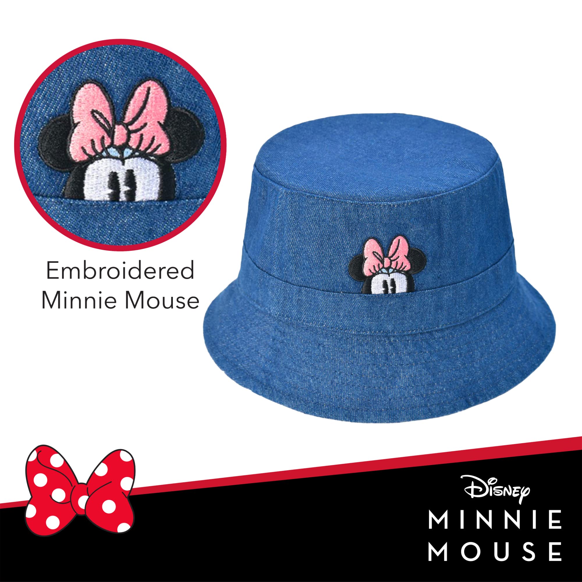 Disney Minnie Mouse Bucket Hat, Packable Travel Hat, Wide Brim Summer Hat Blue Denim