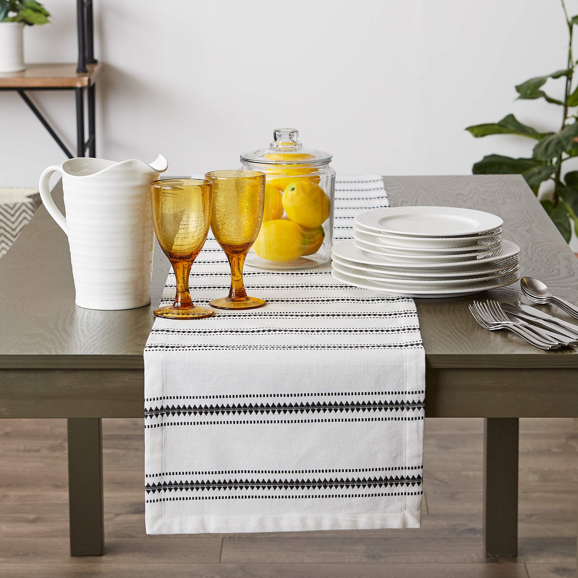 DII Zig Dobby Tabletop Collection, White Cotton Background with Embellished Stripe, Table Runner, 14x72, Black