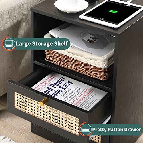 Yoobure Black Nightstand with Charging Station, Bed Side Table/Night Stand with Drawers, Modern Nightstands with USB Ports & Outlets for Bedroom, Living Room, Home Office