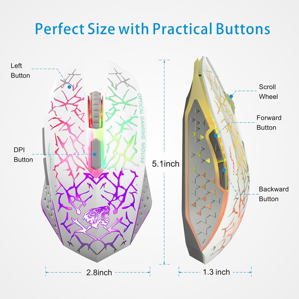 Uciefy Q8 Wireless Gaming Computer Mouse, 2.4GHz USB Optical Rechargeable Ergonomic LED Wireless Silent Mouse, 3 Adjustable DPI, 6 Buttons, Compatible with PC, Laptop, Notebook, Desktop (White)