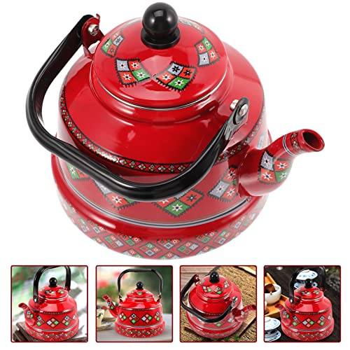 GANAZONO Vintage Enamel Teapot Stainless Steel Tea Kettle Camping Coffee Kettle Floral Hot Water Boiler Pot for Home Kitchen Red 2.5L