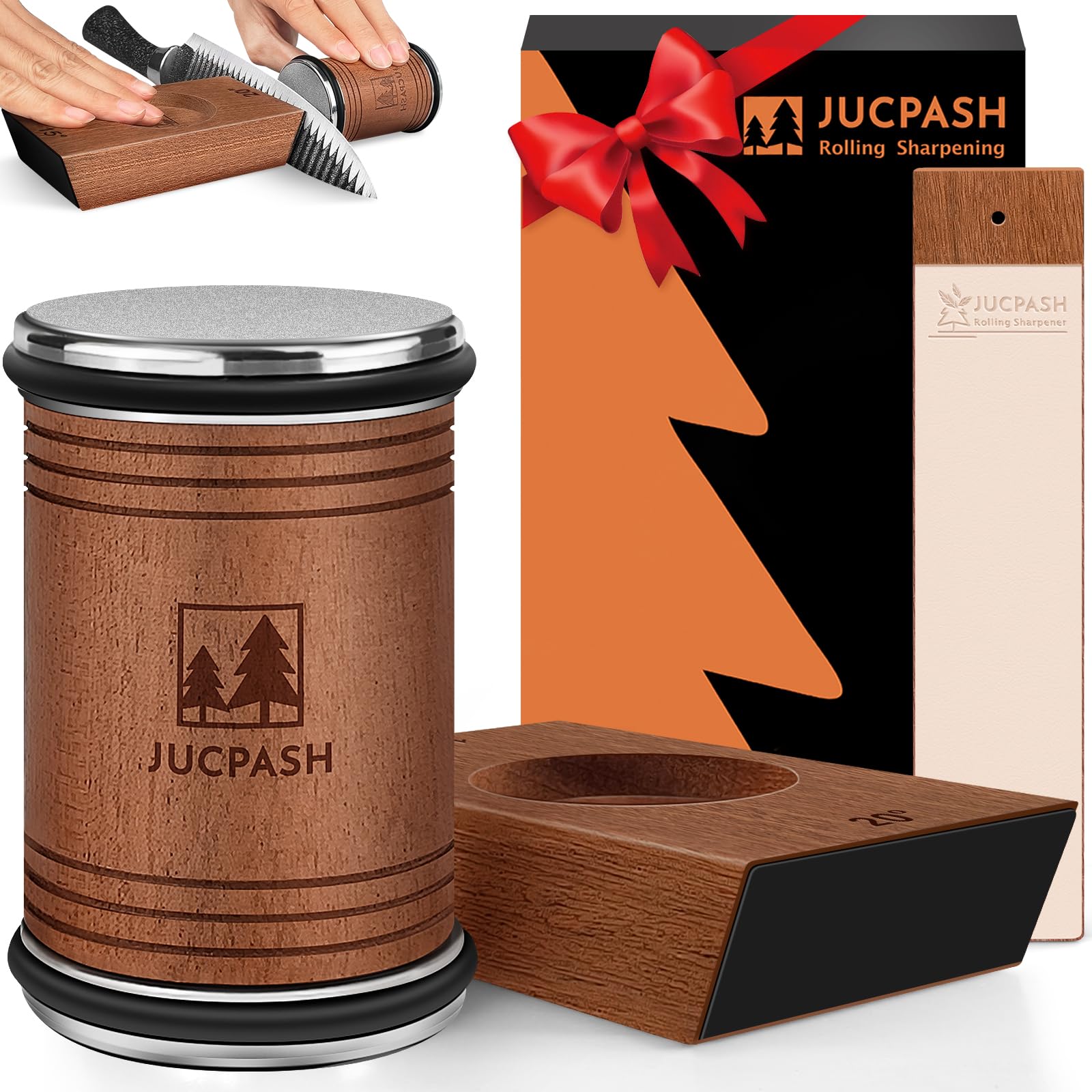 JUCPASH Rolling Knife Sharpener Kit for Straight Edge - Knife Sharpening with Leather Strop, Diamonds Discs and 15 & 20 Degree Magnetic Angles, Roller Knife Sharpener System for Kitchen Knives