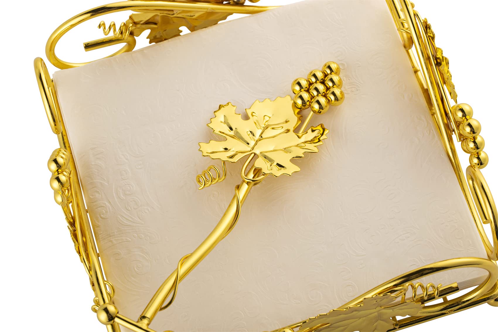 Flat Napkin Holder for Table Gold With Weight Arm for Kitchen Courtertops Dinning Table Grape Leaf Modern Tissue Dispenser Stainless Steel Gilding (7" L X 7" W X 2.5" H)