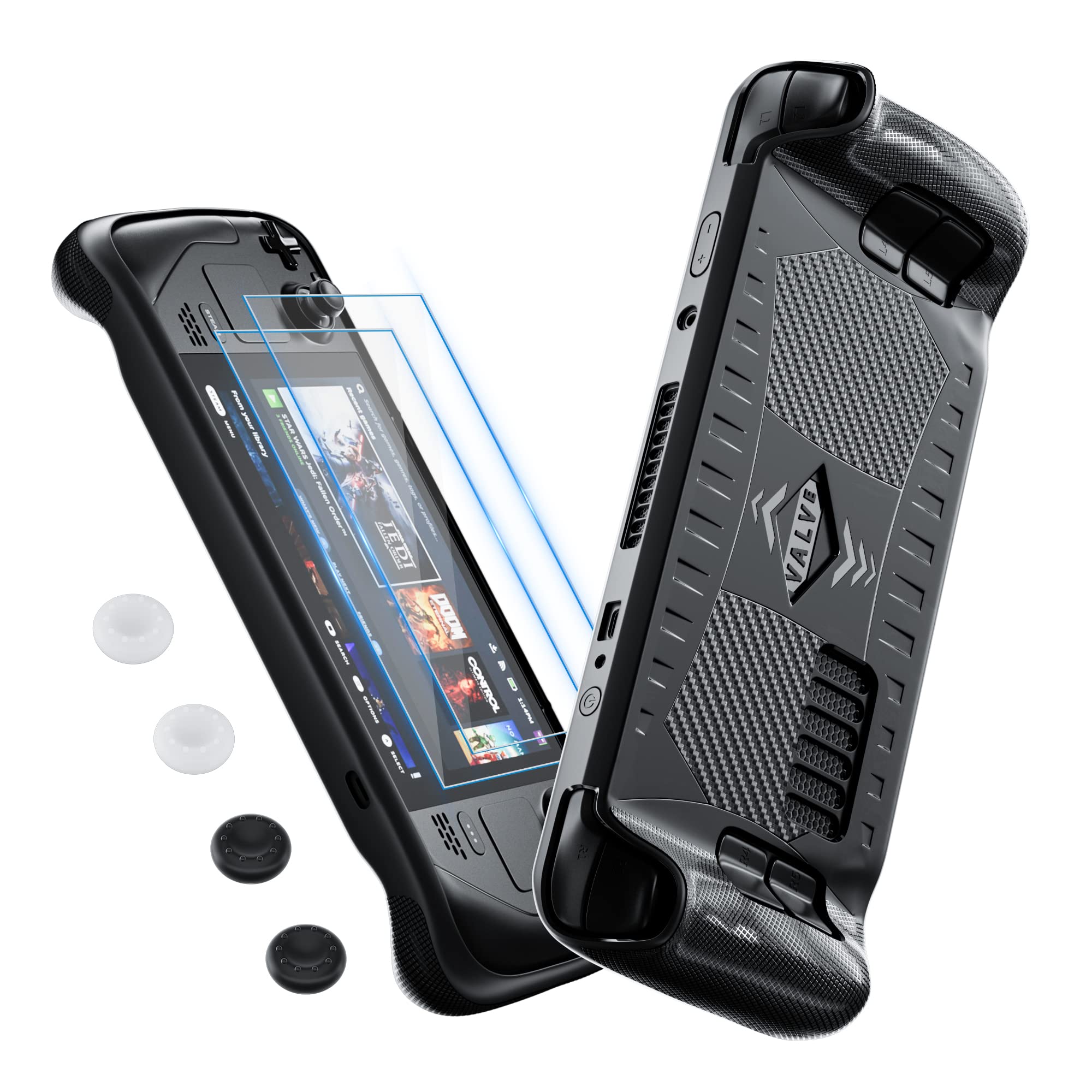 FANPL TPU Case for Steam Deck Case, Protective Cover Compatible with Valve Steam Deck Console, Game Accessories with 2 Glass Screen Protectors, 4 Thumb Grip Caps, Non-Slip, Anti-Scratch - Black