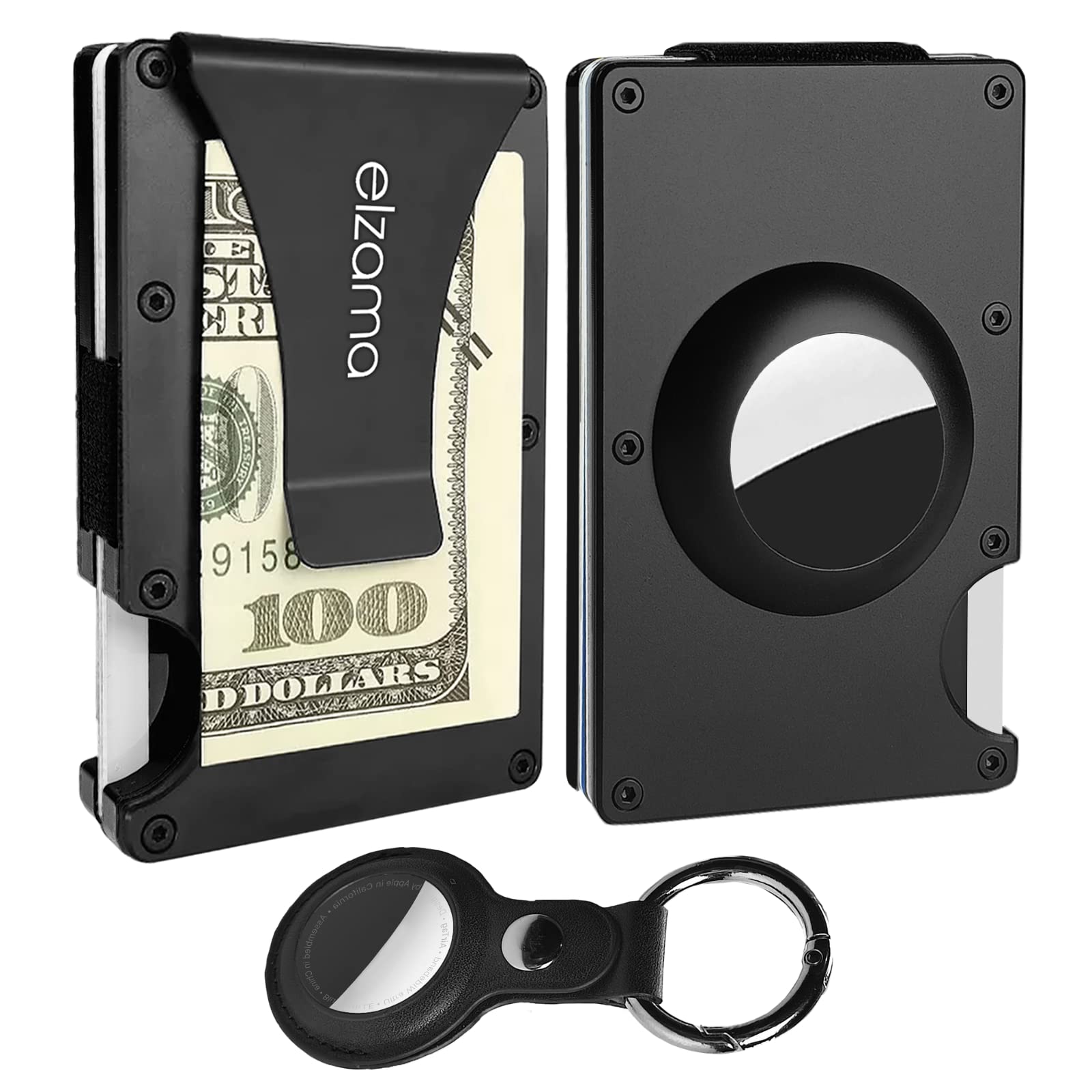 elzama AirTag Metal Wallet with Money Clip, RFID Blocking & Air Tag Keychain, Slim Card Case Holder (Apple AirTags Not Included)