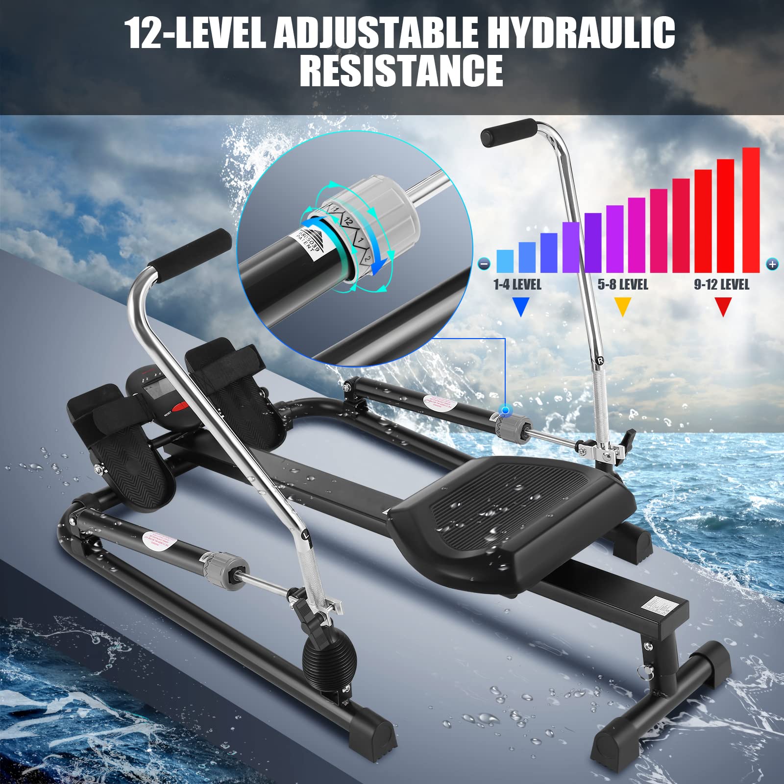 FUNMILY Rowing Machines for Home Use, Foldable Rowers, Exercise Equipment Cardio Training Fitness with 12 Level Smooth Hydraulic Resistance Black