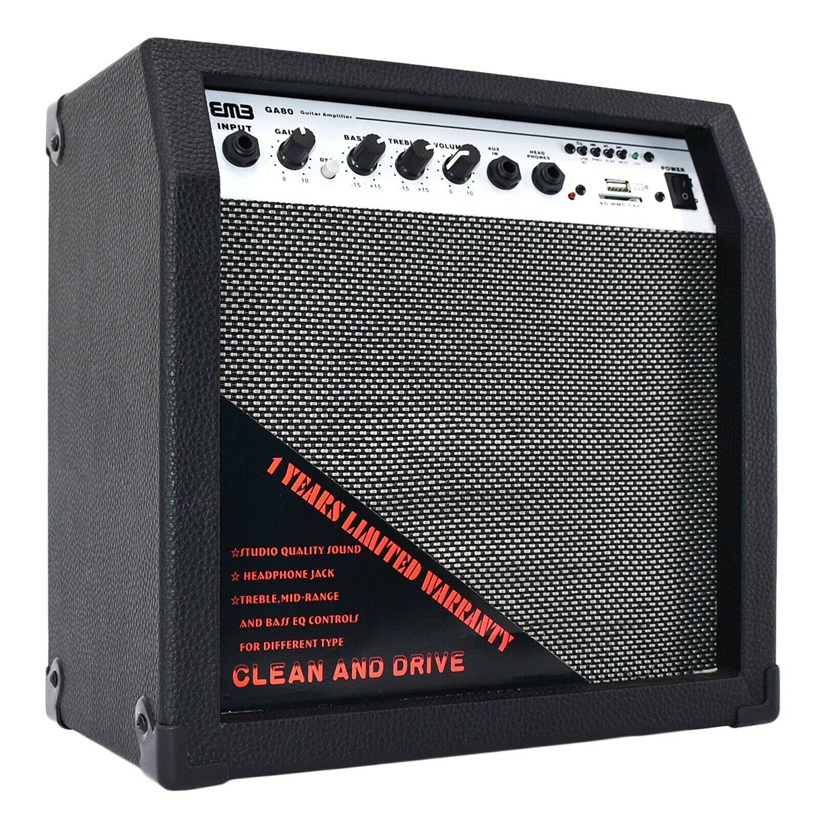EMB GA80 350 Watts 8" Electric Guitar Amplifier Speaker Portable Powerful Studio and Stage Cabinet PreAMP β with Built in Headphone Jack and 2 Inputs and SD USB AUX Bluetooth (Black)
