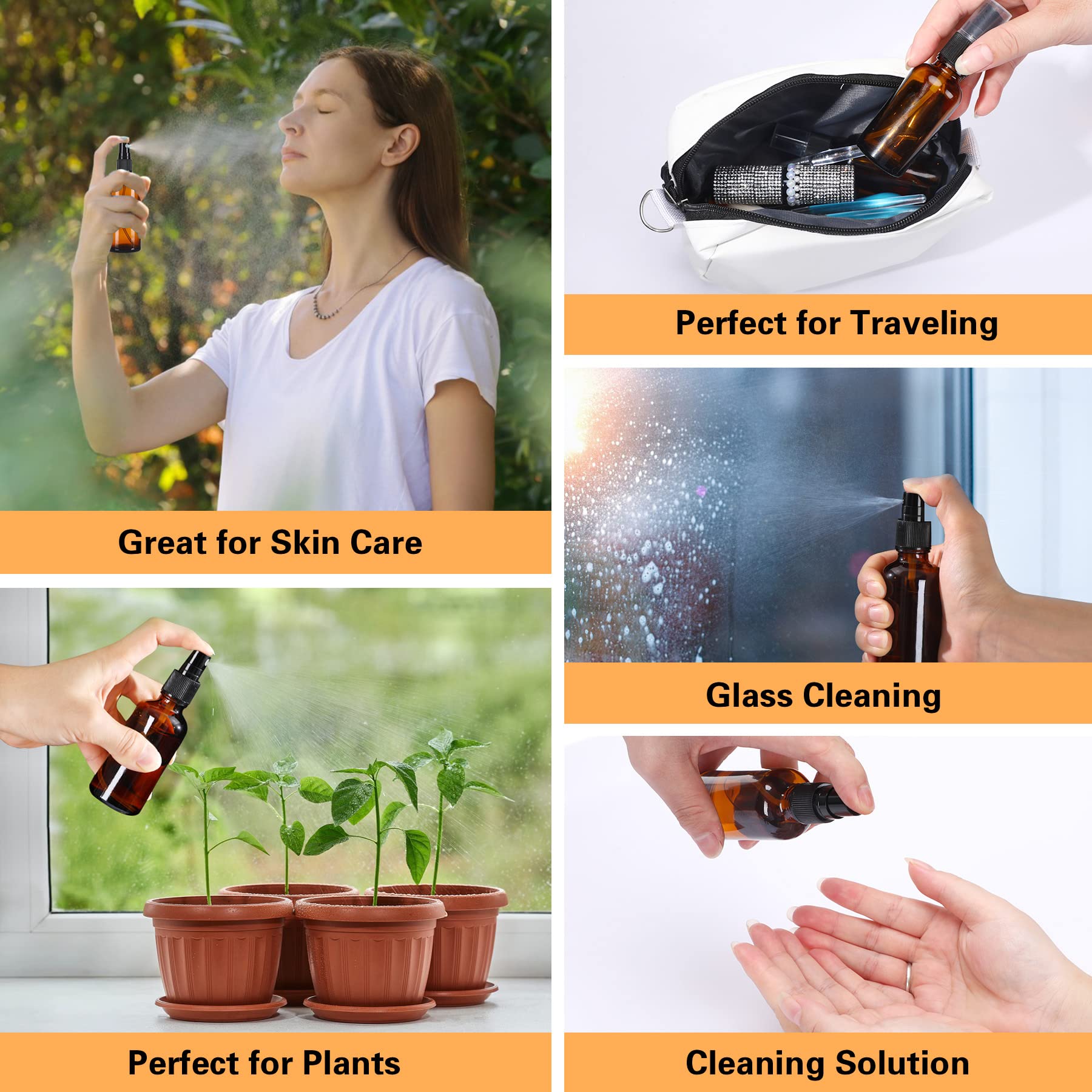 JULMELON Glass Spray Bottles 4 Oz for Esssential Oil,3 PCS Mini Travel Spray Bottle,Brown Glass Spray Bottle for Face,1Oz 2Oz 4Oz Refillable Sprayer Container with Funnel and Cleaning Brush