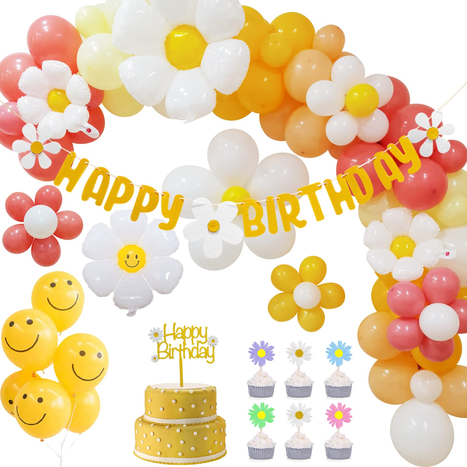 Daisy Party Decorations Set Boho Party Decorations with Happy Birthday Banner Boho Groovy Daisy Flower Balloon Garland Arch for Daisy Retro Hippie Boho Birthday Party Decorations,Groovy Party Supplies