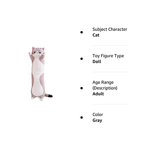 Decdeal Long Cat Plush, Plus Doll Toy Cat, Cute Cartoon Cat Shaped Plush Toy Sleeping Long Throw Pillow Decorative Gift (Grey, 500mm/19.68in)