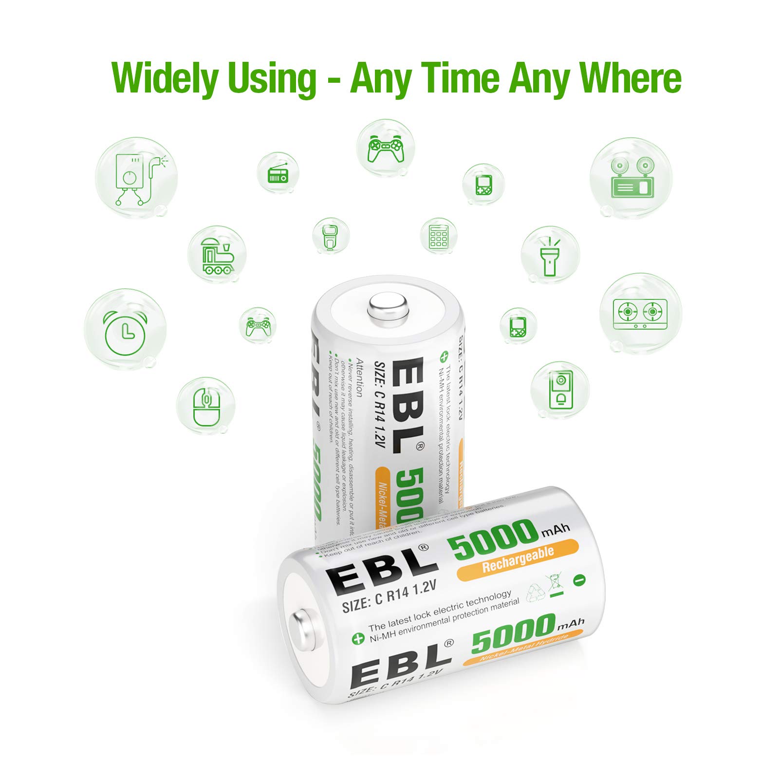 EBL C Batteries High Energy 5000mAh Ready2Use C Rechargeable Battery Cells, 4 Counts