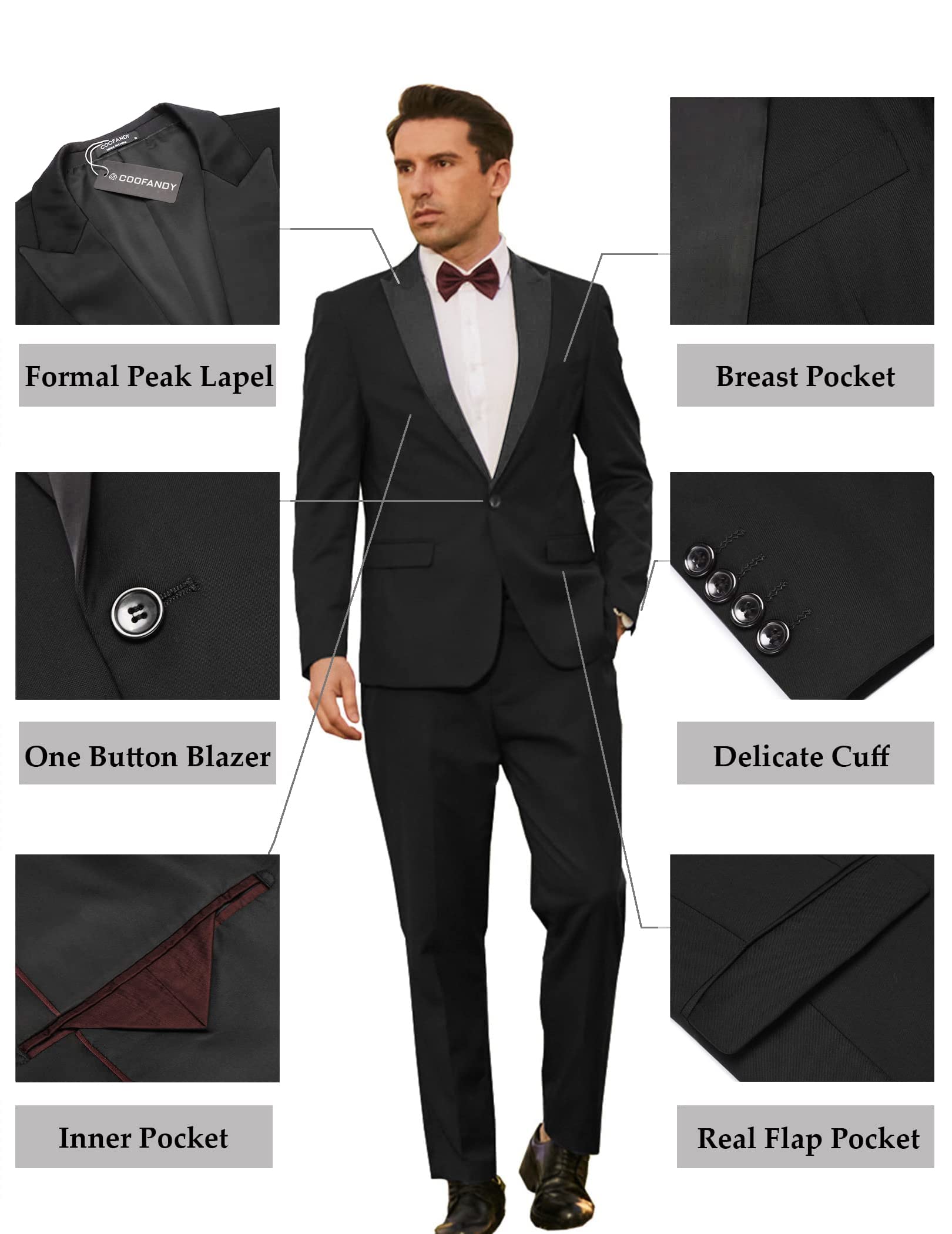 COOFANDY Men's Wedding Suits 2 Piece Tuxedo Suit Set Classic Fit Prom Suit Jacket Blazer Dress Pants Black