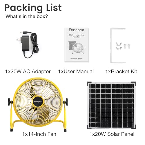 Fanspex 14" Portable Solar Rechargeable Floor Fan, 15600 mAh 20W Solar Panel Powered Battery Operated Fan for Outdoor Camping, 360° Tilt, 40dB Quiet Operation (5.3m/s Airflow)