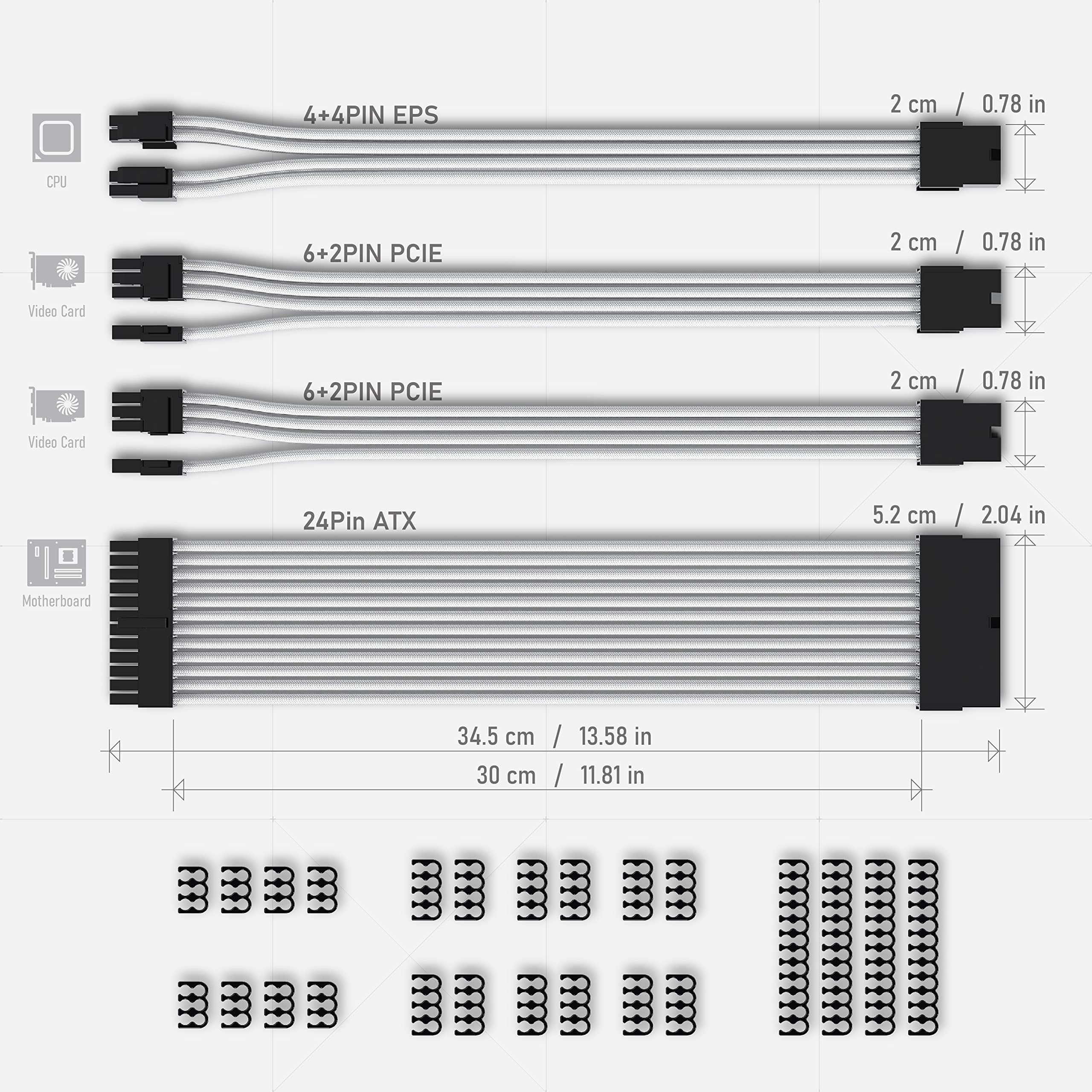 EZDIY-FAB PSU Extension Cable Sleeved Custom Mod PC Power Supply Cable, Soft Nylon Braided with Comb Kit 24PIN/8PIN to 6+2Pin/ 8PIN to 4+4PIN-30CM 300MM - White