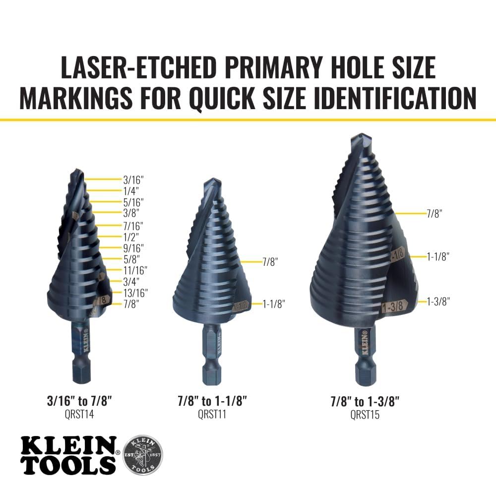 Klein Tools QRSTSPRO Premium 3-Piece Electrician's Step Bit Set with Cutting Oil, Modular Case, Impact Rated Quick Release, Double Spiral Flutes
