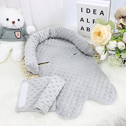 Jundetye Car Seat Head Support Infant, Baby Head Support with Strap Covers for Boys Girls, Infant Car Seat Insert, Soft Minky Carseat Headrest for Strollers, Grey