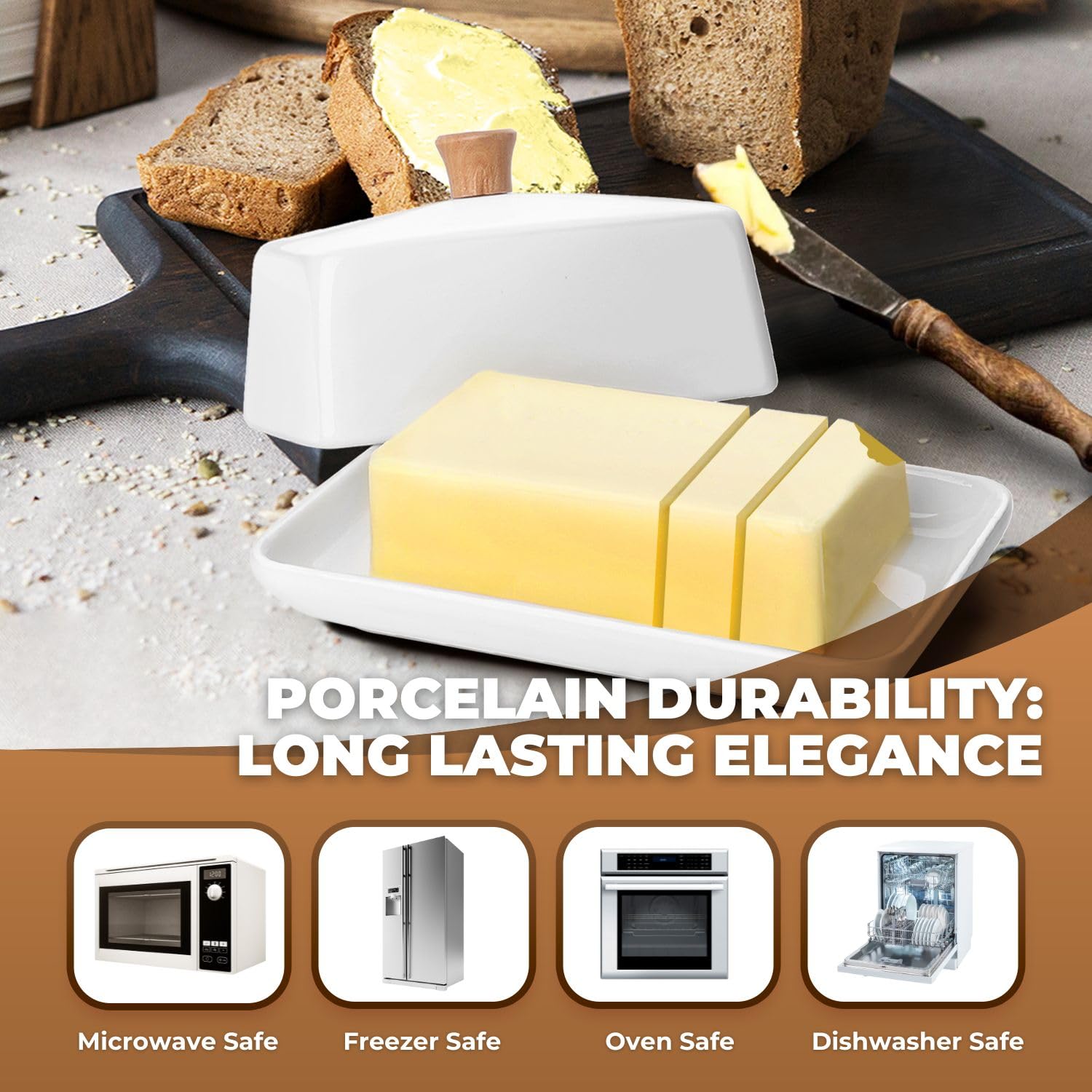 Flexzion Ceramic White European Butter Dish with Lid for Countertop (7 Inch) - Wide 2 Stick Double Butter Holder for Counter, Cream Cheese Container Storage Keeper