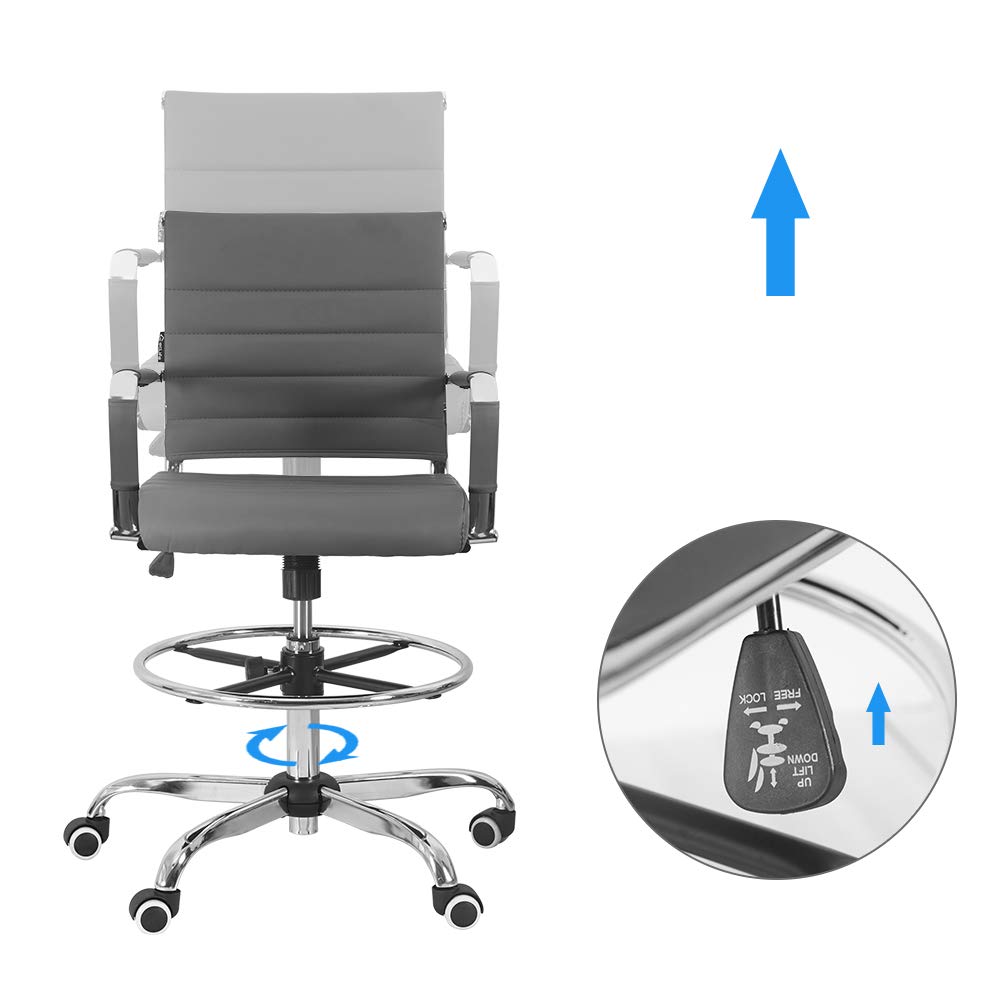 Drafting Chair Stool with Footring,Computer Chair with Arm PU Wrap,Footrest Height Adjustable,Padded Tall Ribbed,Back Support ,Swivel Rolling,Footrest,Office Chair Swivel Computer Task Chair (Grey)