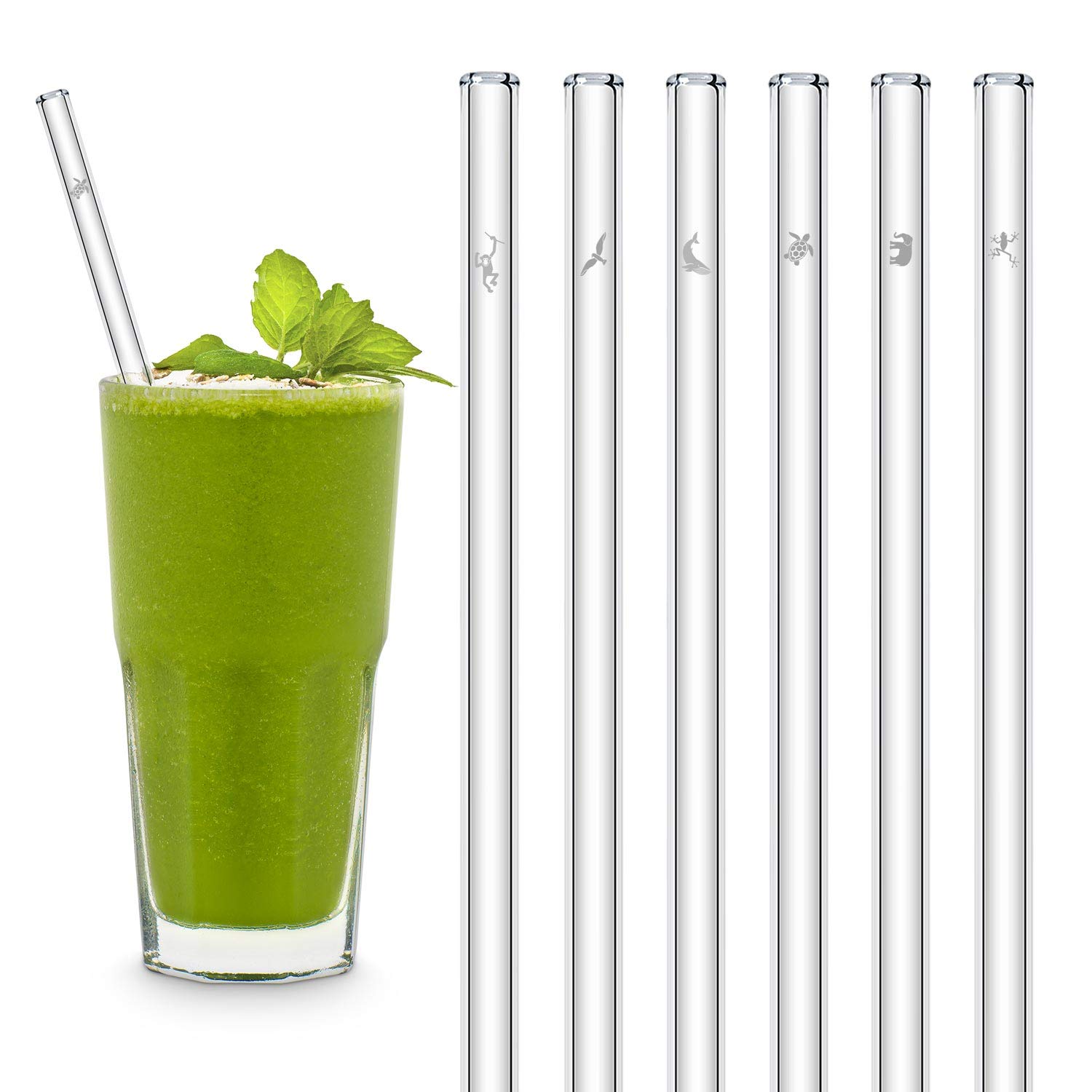 HALM Glass Straws - Earth Day Charity Edition - 6 Reusable Drinking Straws engraved with Endangered Animals - 20 cm (8 in) x 0.9 cm - Made in Germany - Dishwasher Safe - Eco-Friendly