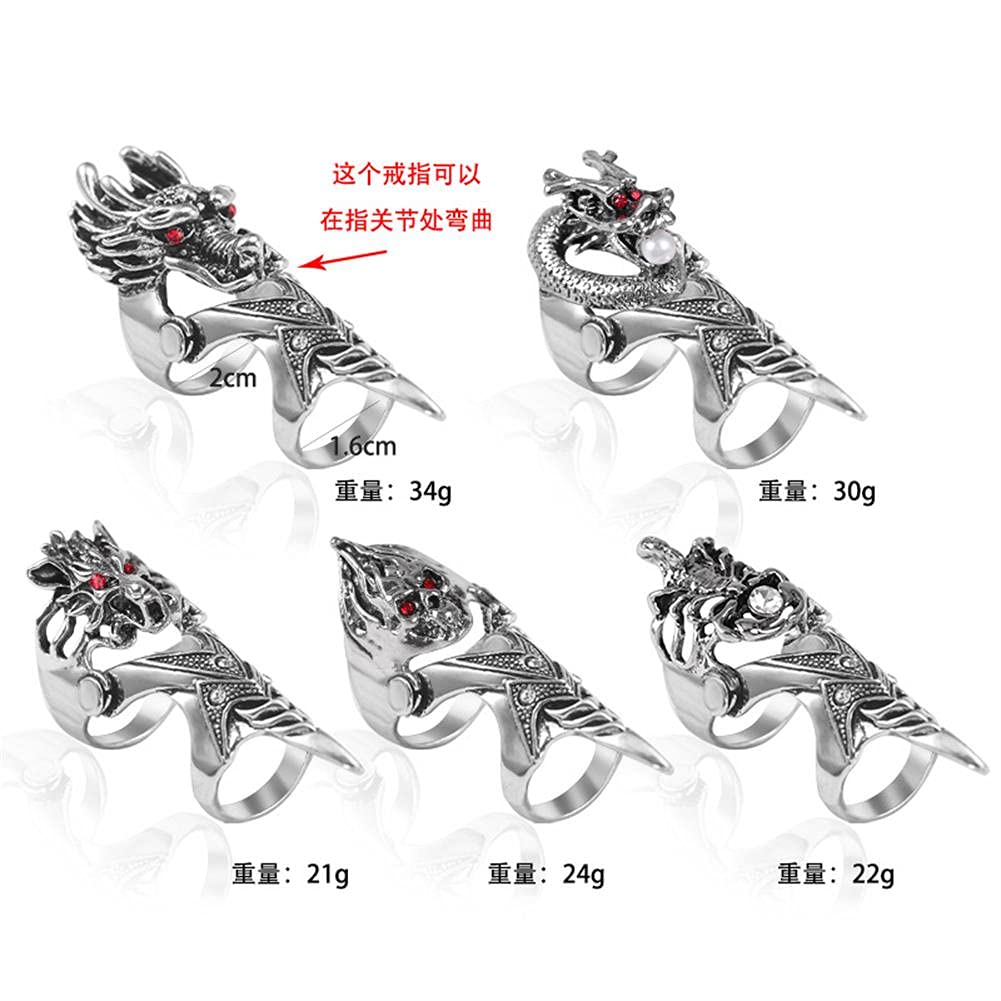 Dragon Knuckle Joint Full Finger Double Ring Punk Gothic Armour Cool Animal Dragon Claw Hinged Loop Activity Rings for Women Men Halloween Cosplay Costume Accessories Jewelry-D