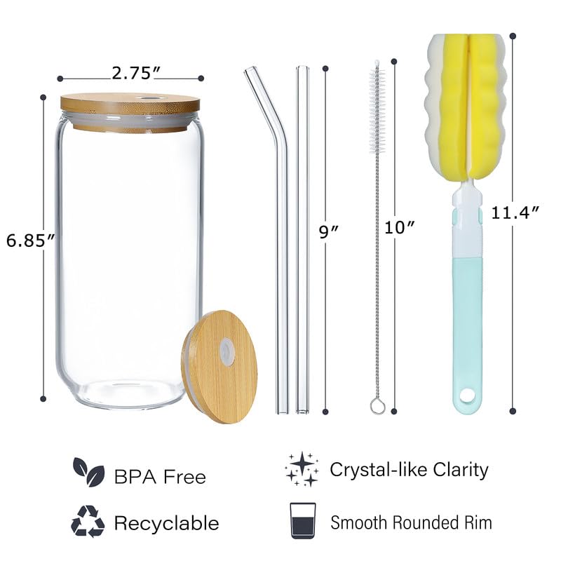 Flhivsa Drinking transparent cup 4pcs Set-20oz water Cups Tumbler Cup With Bamboo Lids and Straw (20oz Glass Clear Bamboo Lid 6 Pack)