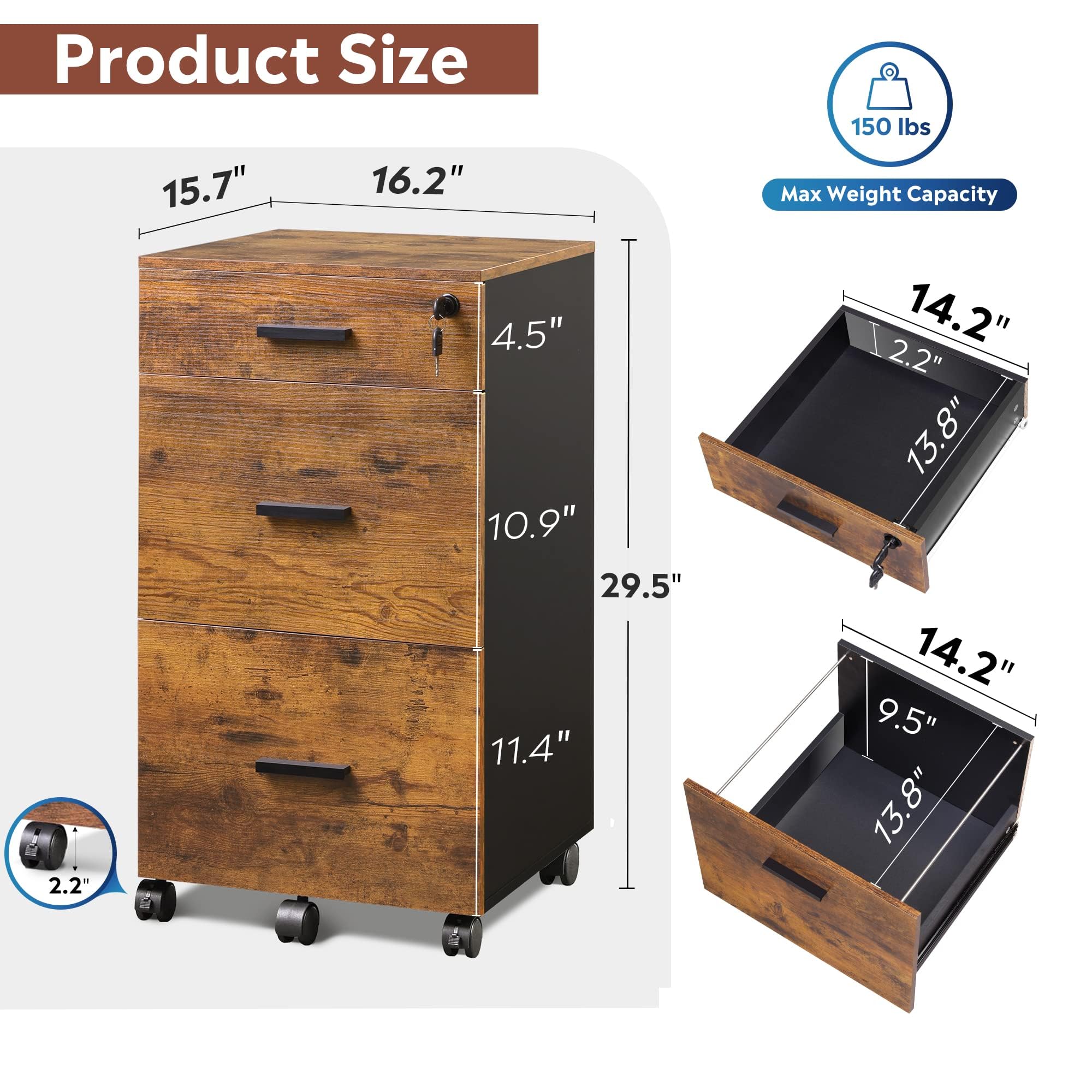 DEVAISE 3 Drawer Rolling File Cabinet with Lock, Wood Filing Cabinet fits Letter / A4 Size for Home Office, Rustic Brown