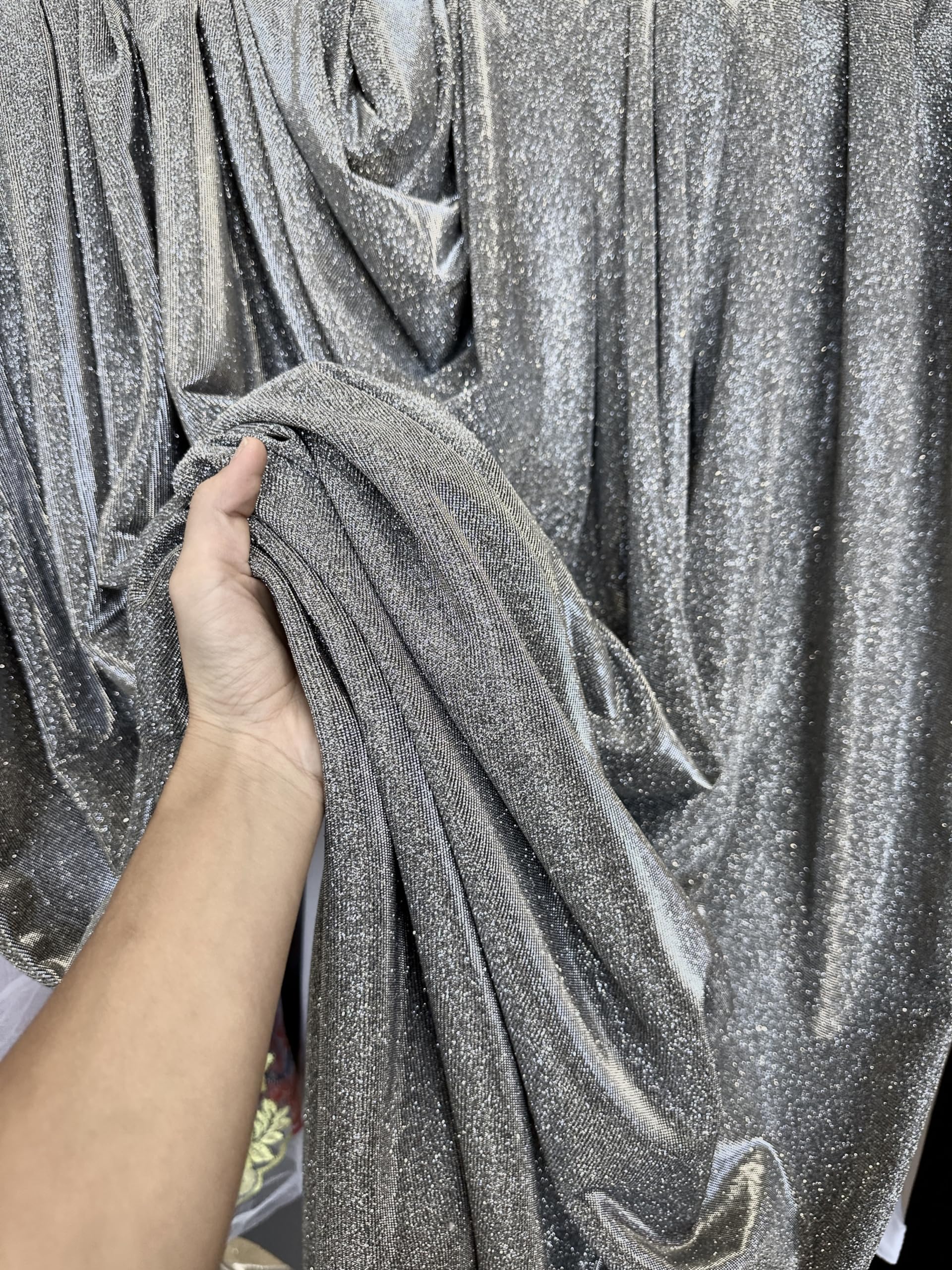 Glittering Lurex Fabric - Shimmer and Shine with Metallic Sparkle - Fashion Fabric by The Yard - for Crafting and Embroidery - Polyester Stretch Fabric - 1 Yard (Stretch Silver)