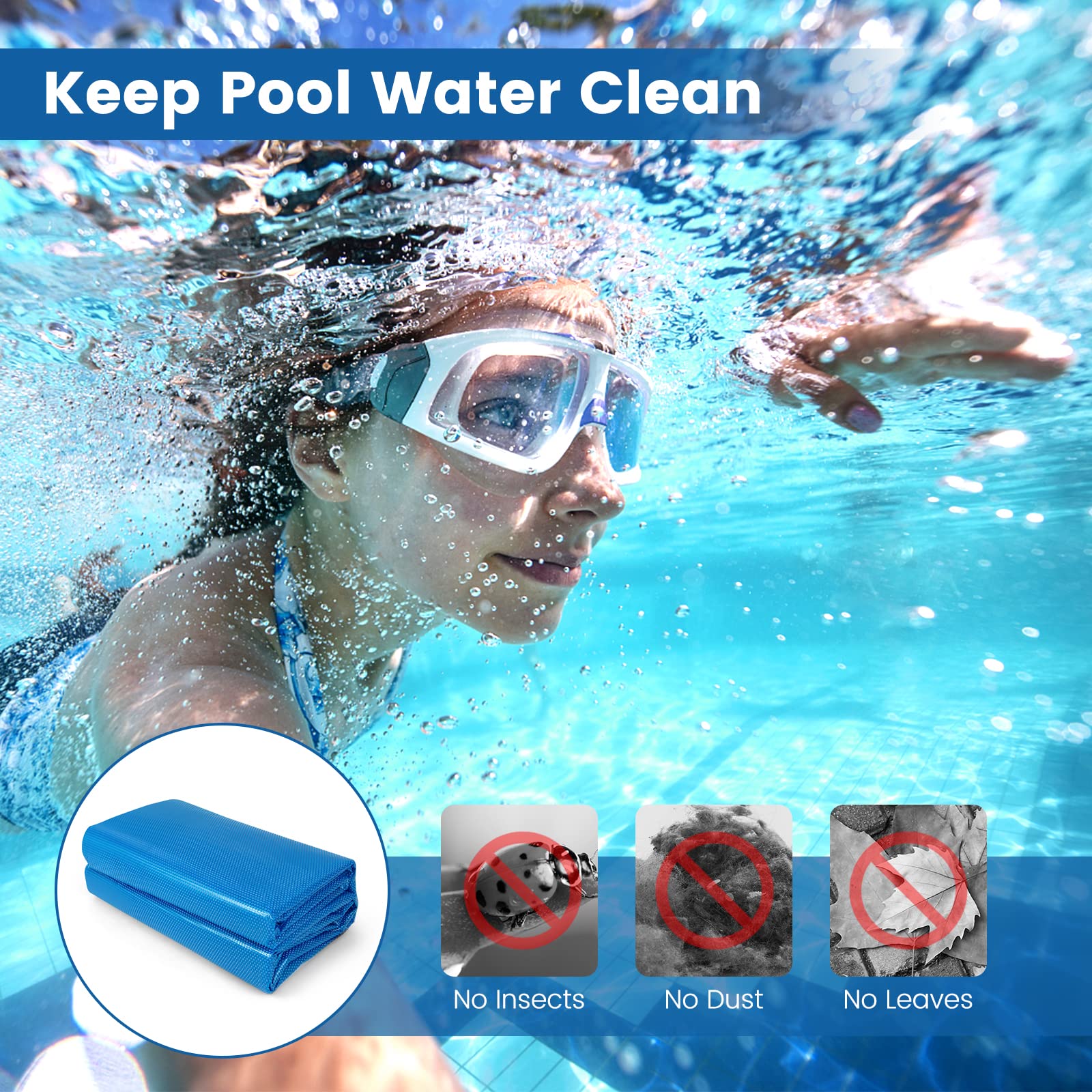 GYMAX Pool Cover, 16 FT x 32 FT 12-mil Solar Pool Cover with Carry Bag, Heat Retaining Rectangle Bubble Cover Floating Spa Blanket for Tub, In-Ground & Above Ground Swimming Pools (Blue)