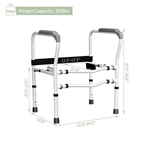 GYMAX Toilet Safety Frame & Rail, Adjustable Free-Assembly Medical Bathroom Assist Frame for Elderly with 360° Rotatable Clip, Non-Slip Heavy Duty Stand Alone Disabled Toilet Riser Handrail Grab Bar