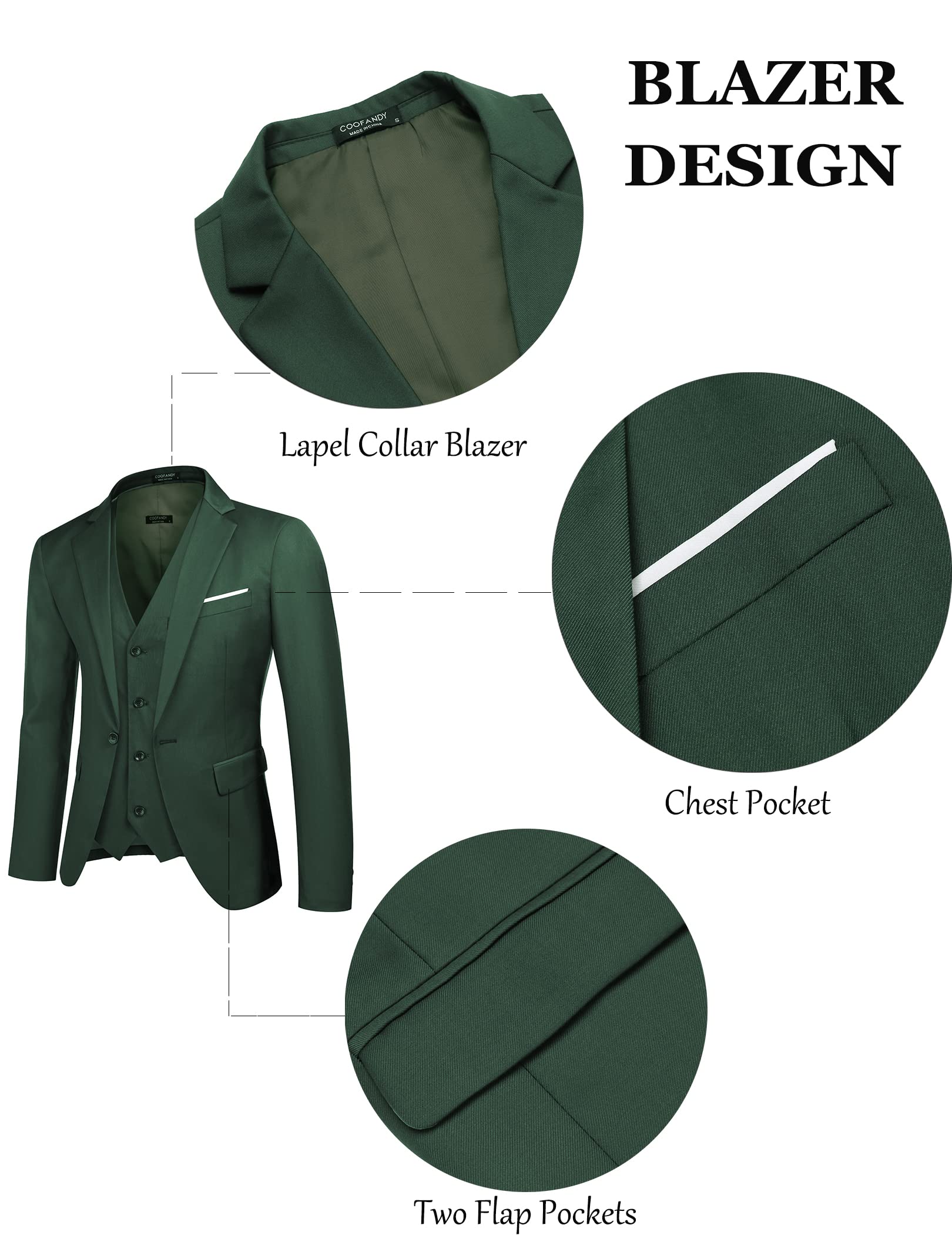 COOFANDY Mens 3 Piece Suits One Button Blazer Jacket Slim Fit Vest Suit Pant with Tie Deep Green