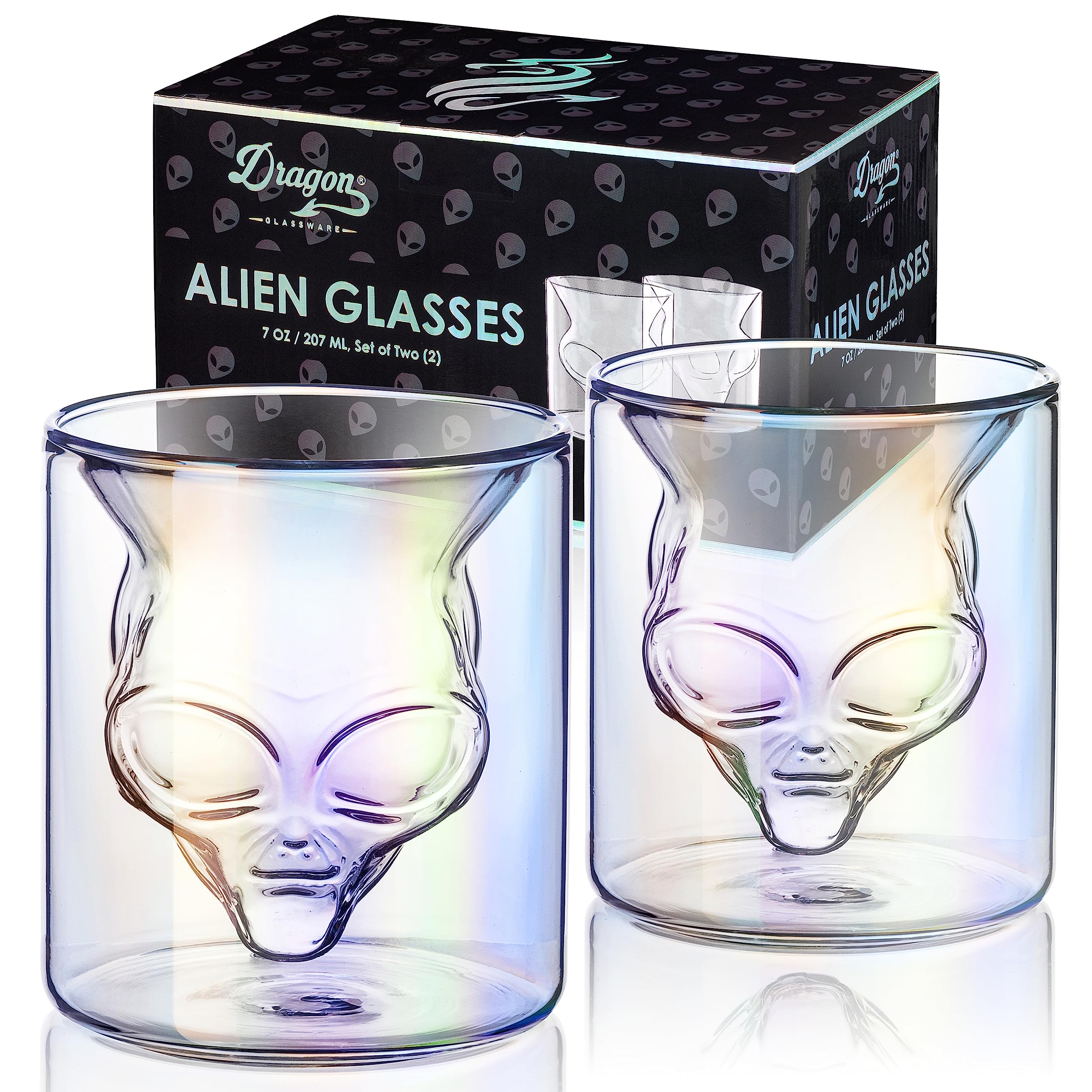 Dragon Glassware Alien Drinking Glasses - Unique Double Wall Grey Alien Inspired Design from Area 51 - Novelty Gift for Outer Space Enthusiasts - Fun and Stylish Tumblers, Set of 2