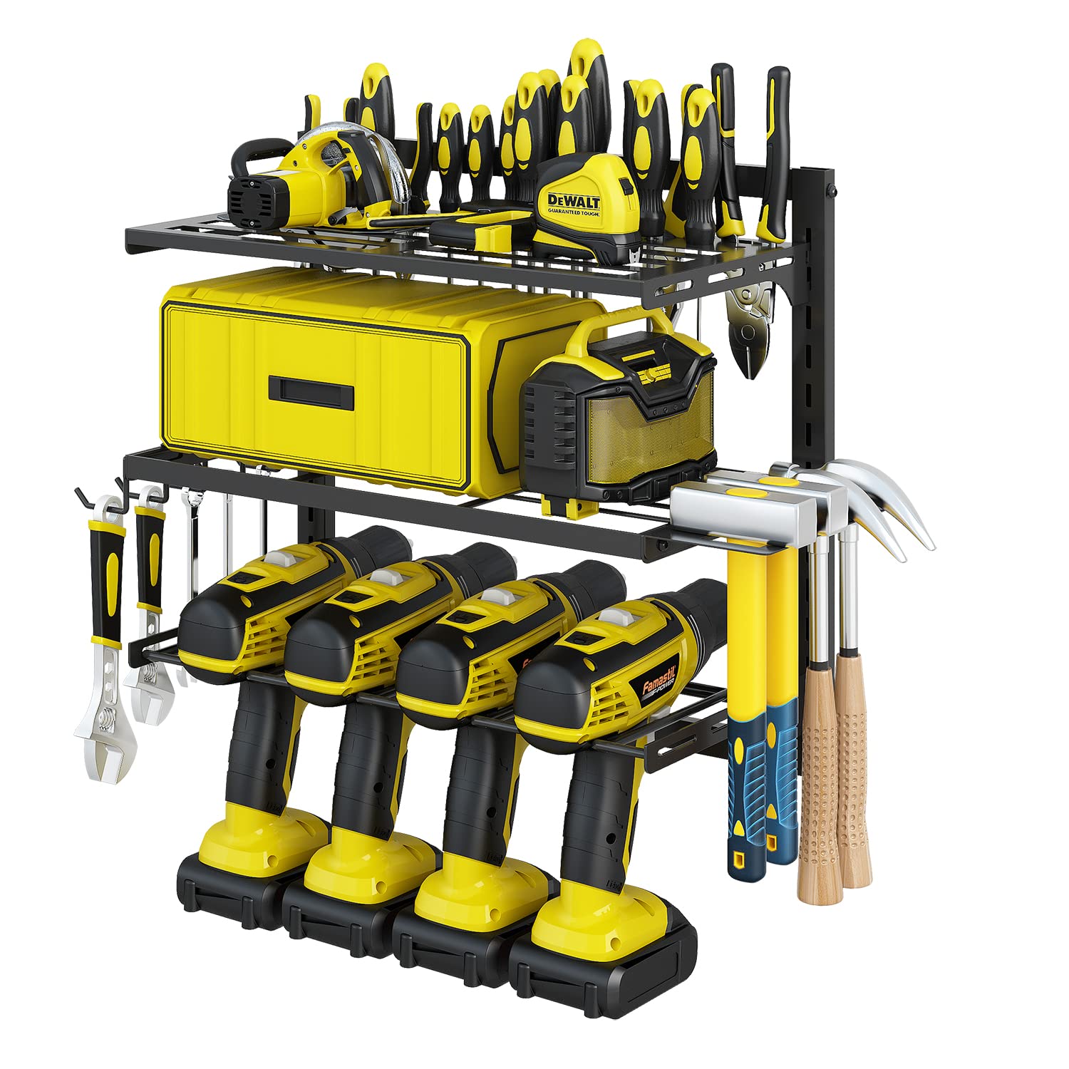 junyuan Power Tool Organizer, Adjustable Wall Mounted Storage Rack for Drills and Screwdrivers, 3 Layer Black Steel
