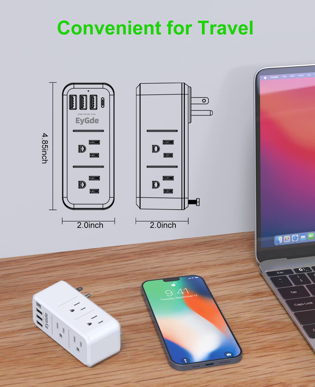 EyGde Multi Plug Outlet Extender Surge Protector 1700J, Wall Power Strip with Rotating Plug & 4 USB Charging Ports (1 USB C), 3 Side Swivel Outlet Splitter with 6 Spaced Sockets for Home Office Travel