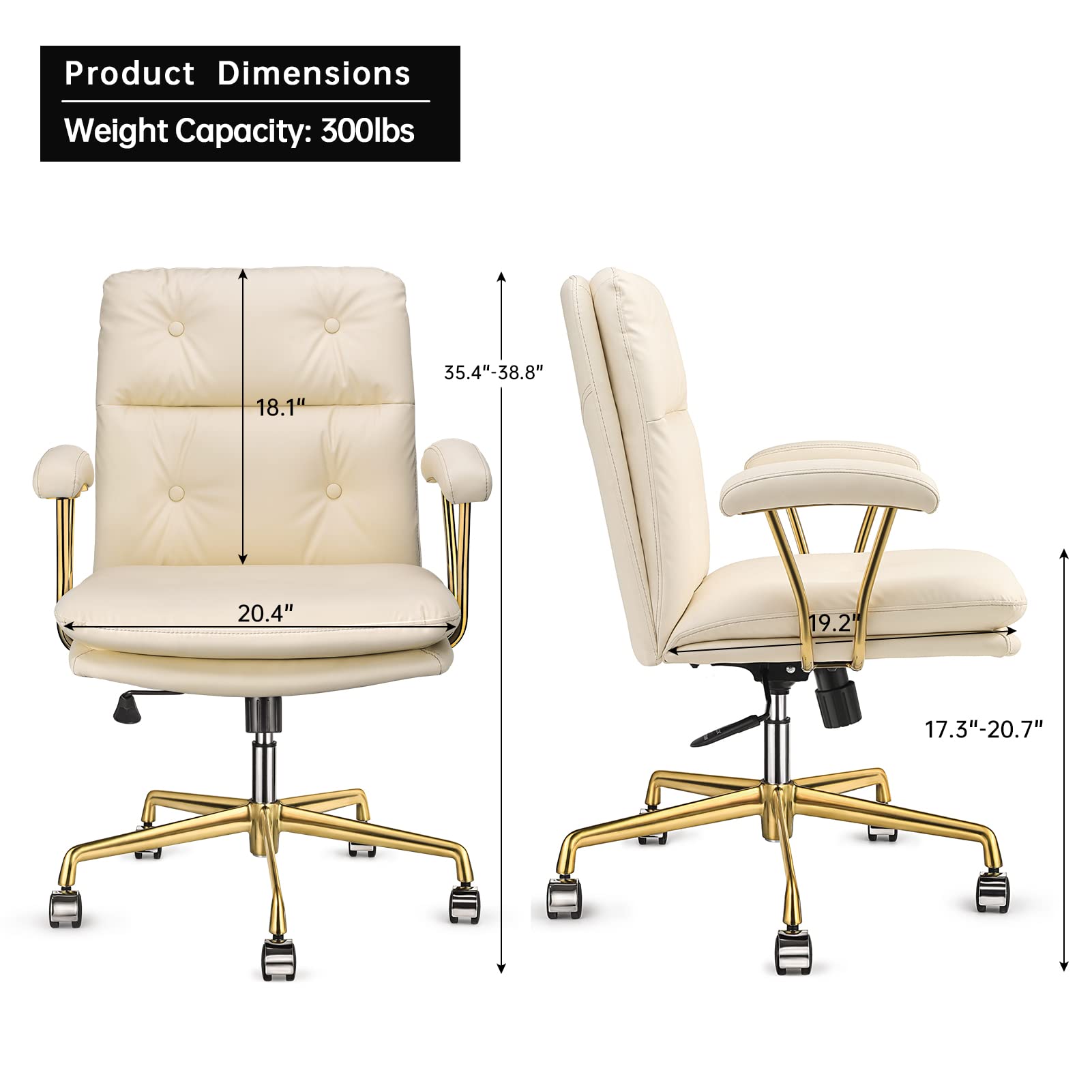 EMIAH Modern PU-Padded Office Desk Chair Ergonomic Computer Desk Chairs with Wheels and Arms Mid-Back Executive Rolling Task Chair with Elegant Button Tufted Design