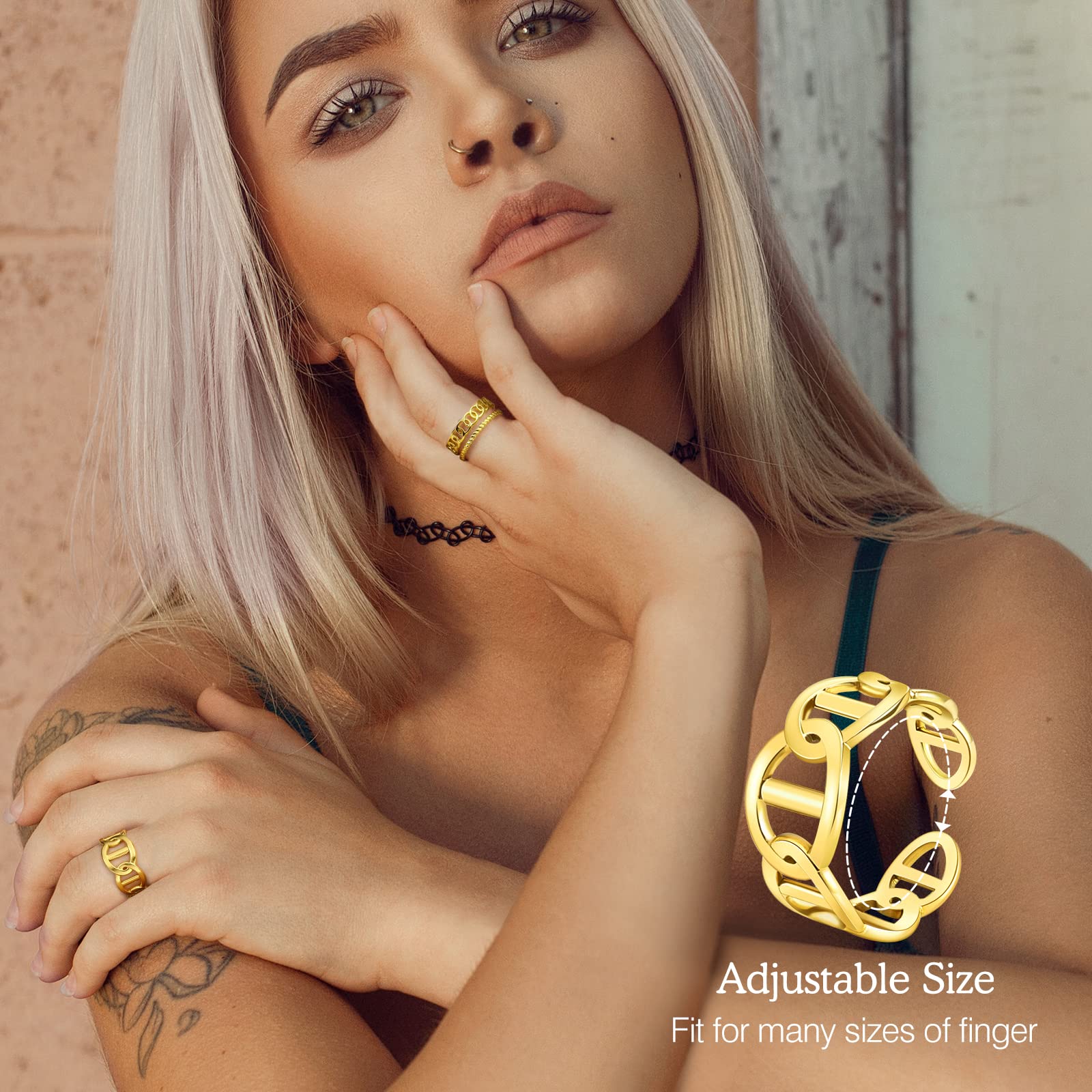 Emibele 18K Gold Plated Rings for Women, 2 Pcs Knuckle Open Ring Cuban Curb Chain Link Ring Adjustable Open Knot Gold Chunky Stacking Ring Set Dainty Jewelry Gift for Ladies, Gold