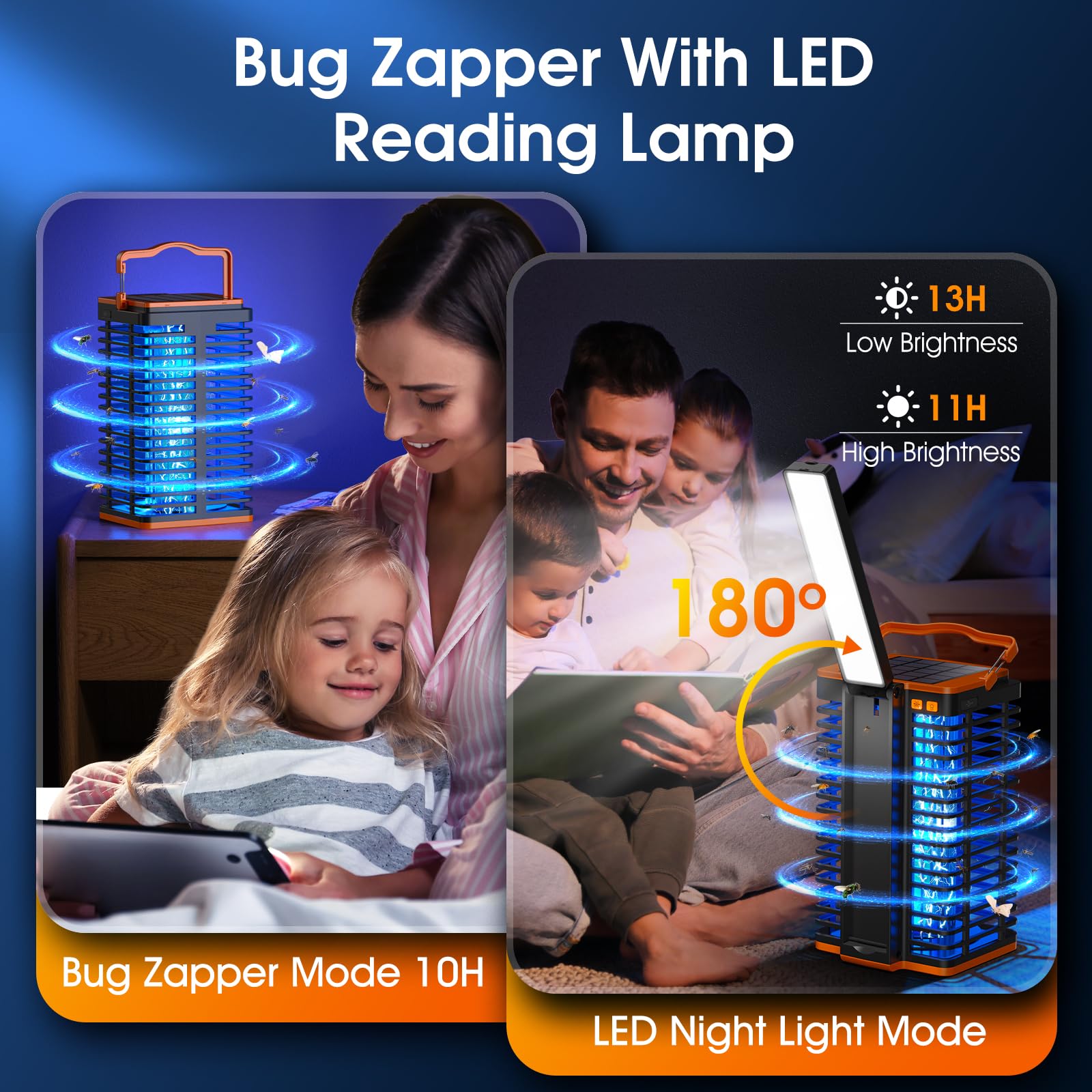 kiies Solar Bug Zapper Outdoor,2 in 1 Mosquito Zapper Cordless & Rechargeable, 4200V Portable Fly Zapper Insect Trap with Reading Lamp for Camping Patio Backyard Garden