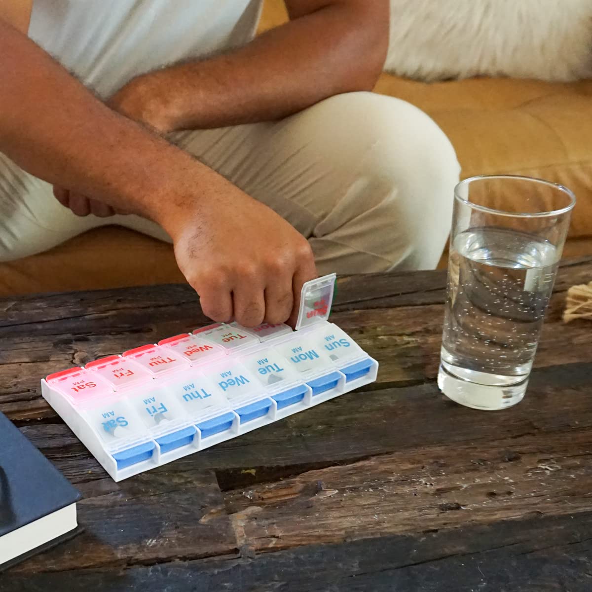 EZY DOSE Push Button (7-Day) Pill Case, Medicine Planner, Vitamin Organizer, 2 Times a Day AM/PM, Large Compartments, Arthritis Friendly, Clear Lids, Red/Blue