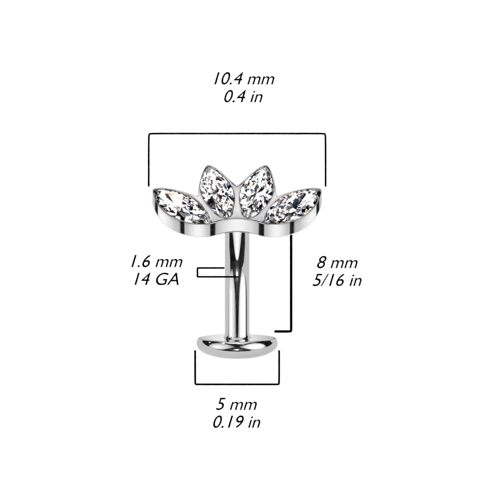 Dynamique Implant Grade Titanium Threadless Convex Base Floating Belly Ring With 4 Marquise CZ Fan Top (Sold Per Piece)