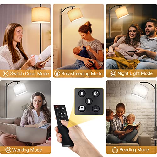 OUTON Arc Floor Lamp with Remote Control, LED Dimmable Modern Lamp with 4 Color Temperatures, Tall Standing Reading Lamp with Adjustable White Linen Shade for Living Room, Office, Black Matte