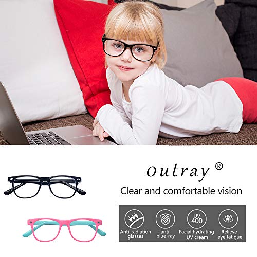 Outray 2 Pack Kids Computer Blue Light Blocking Glasses for Boys and Gilrs Age 3-12 Anti Eyestrain (Set Green+Blue, 46)