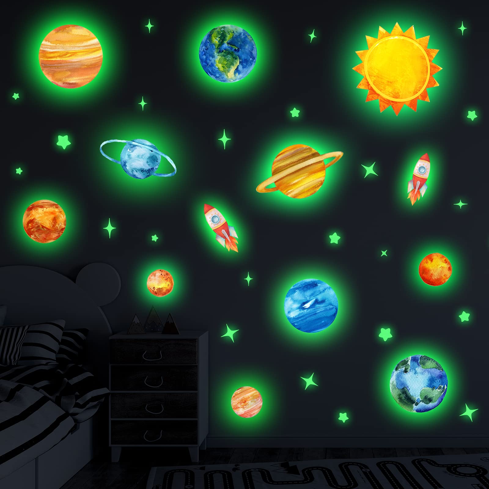 Glow in The Dark Planets for Ceiling Solar System Wall Decal Bright Planet Nursery Wall Sticker for Kids Space Decoration, Birthday Gift for Boys and Girls