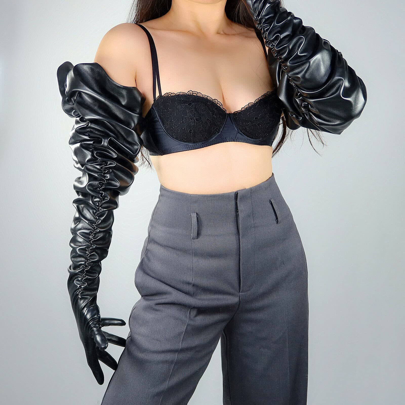 DooWay Fashion Super Long Leather Gloves Black Touchscreen Puff Ruched Sleeve Shoulder Length 40" Oversize Adult Unisex