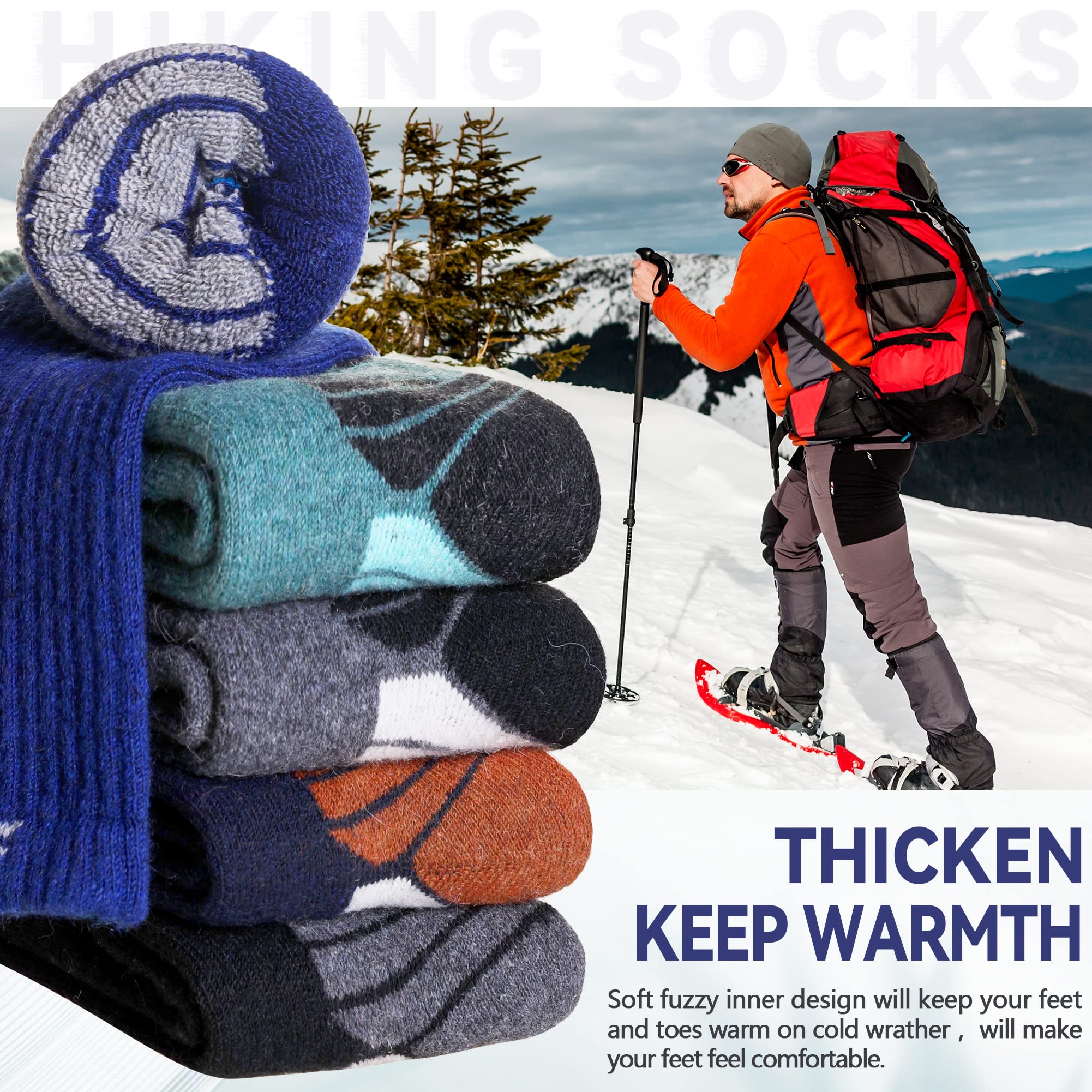 Eyean Mens Hiking Socks Merino Wool Winter Thick Thermal Warm Boot Cozy Cushion Work Socks 5 Pairs (Multicolor A)