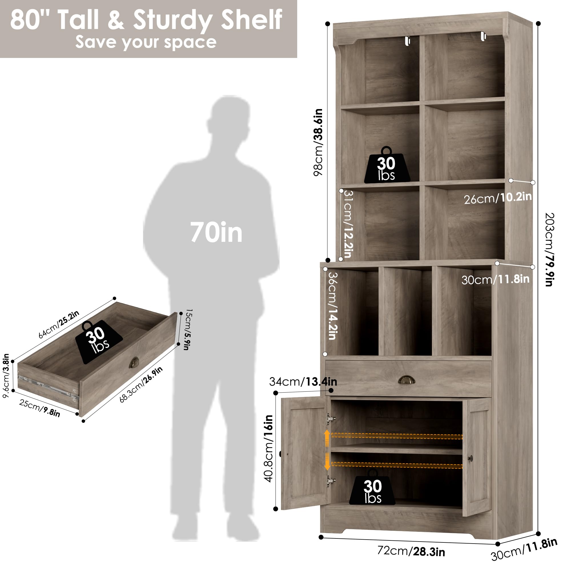 Keyluv 80β Tall Bookcase with Drawer and Doors, Grey Bookshelf with Adjustable Cabinet, Deep Book Shelf Case with Storage and 9 Open Cubes for Living Room/Home Office, Wood Gray Wash