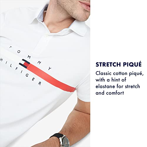 Tommy Hilfiger Men's Short Sleeve Cotton Pique Flag Polo in Regular Fit, Bright White, Medium