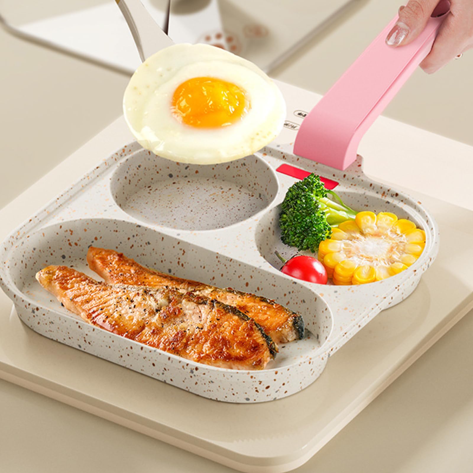 JUSTUP Nonstick Frying Pan, Divided Grill Frying Pan 3 Cups Pink Pancake Pan, Intelligent Temperature Sensing Egg Frying Pan, Breakfast Skillet for Eggs, Pancakes,Bacons (White)