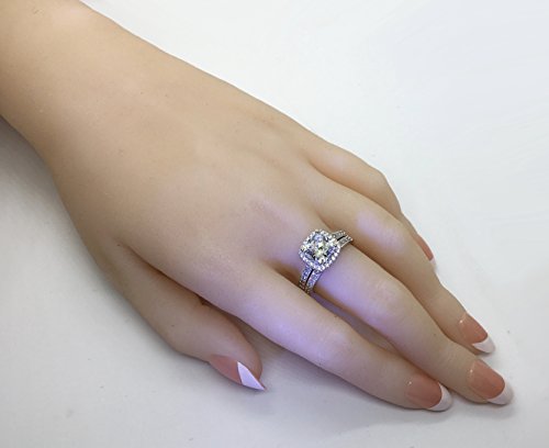 Diamonbella 101 facets 2 Carat Princess Cushion Cut NSCD Simulated Diamond Ring Band Set Solid 925 Silver Halo DBCUSHSET7 (Ring-Set, 6)