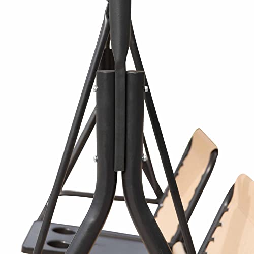 Outsunny 2-Seat Patio Swing Chair, Outdoor Canopy Swing Glider with Pivot Storage Table, Cup Holder, Adjustable Shade, Bungie Seat Suspension and Weather Resistant Steel Frame, Beige