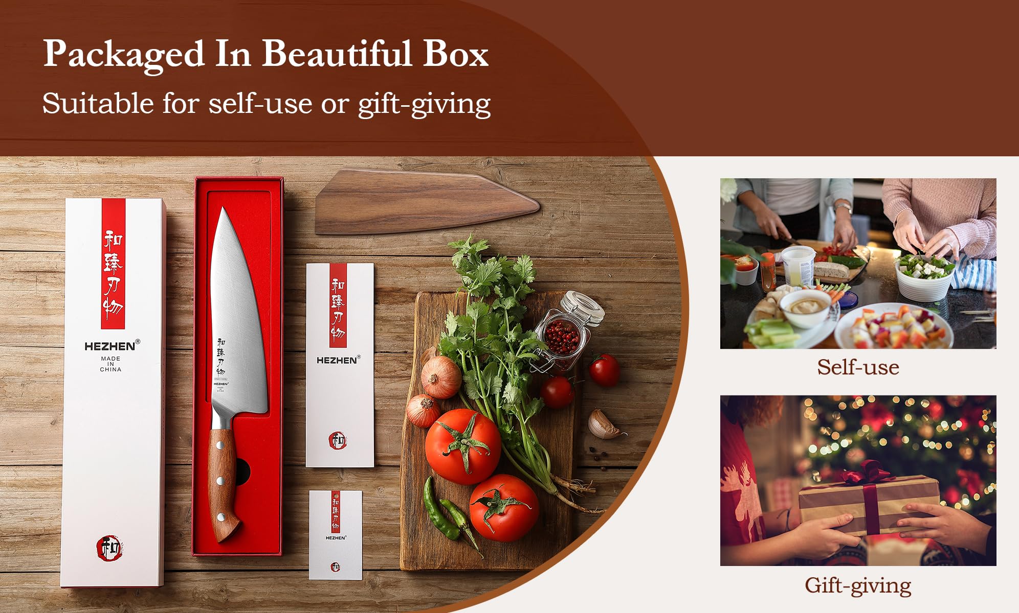 HEZHEN Pro Chefs Knives 8.3 Inch,High Carbon German 1.4116 Steel,Stainless Steel Rivets with Red Wood Handle,Razor Sharp,Super Edge,with Woodern Knife Sheath